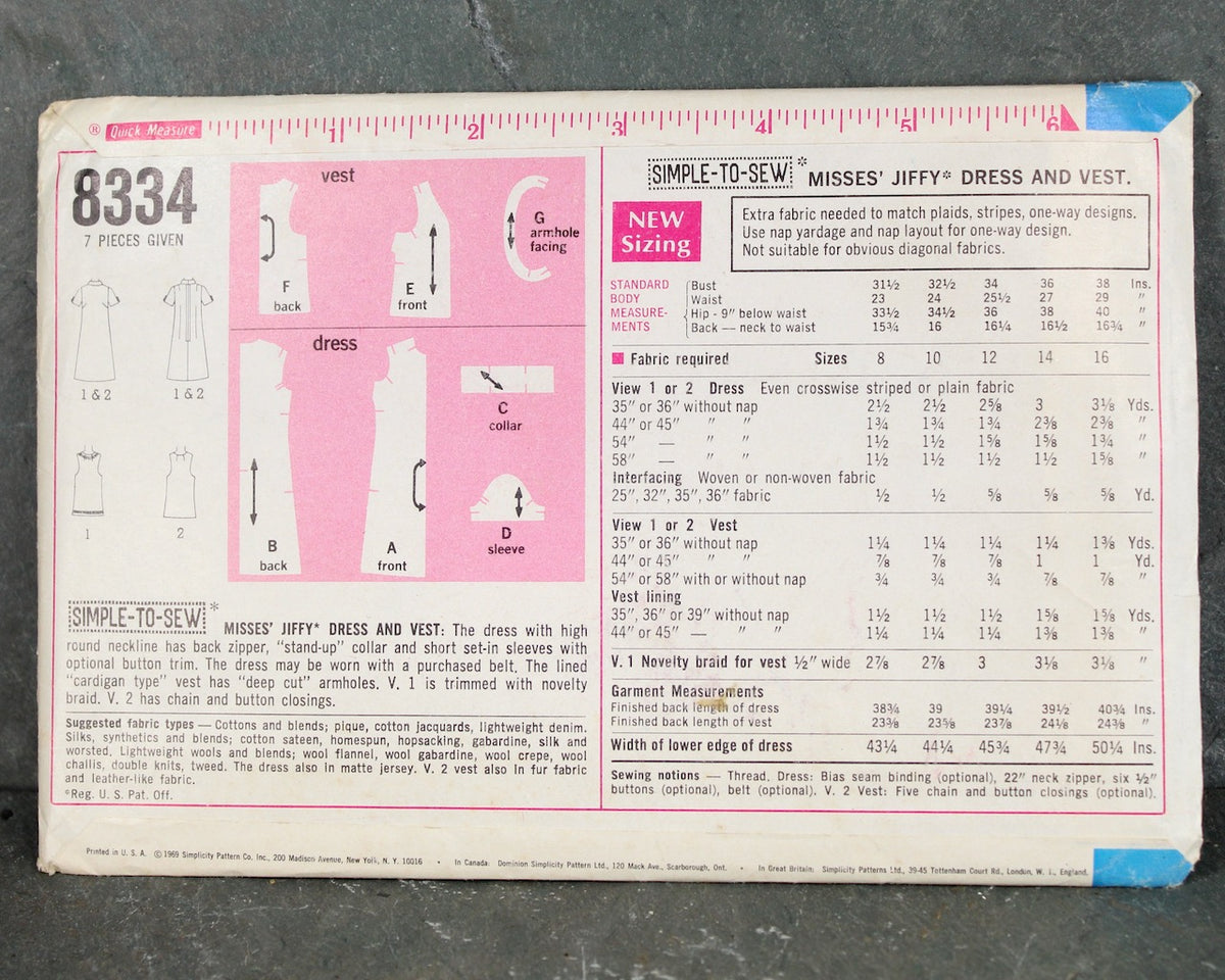 1969 Simplicity #8334 Dress Pattern | Size 14/Bust 36" | UNCUT and FAC – Bixley Shop
