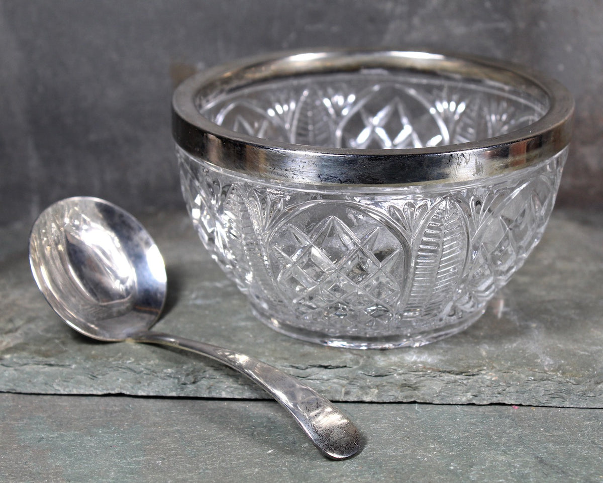 Vintage Pressed Glass Condiment Bowl with Silver Lip and Spoon | Engli ...