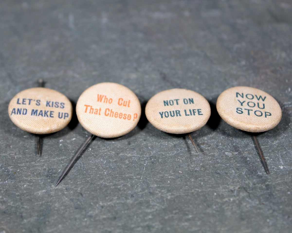 Antique Fabric Covered Pins with Sayings | Whimsical Buttons | Circa 1 ...