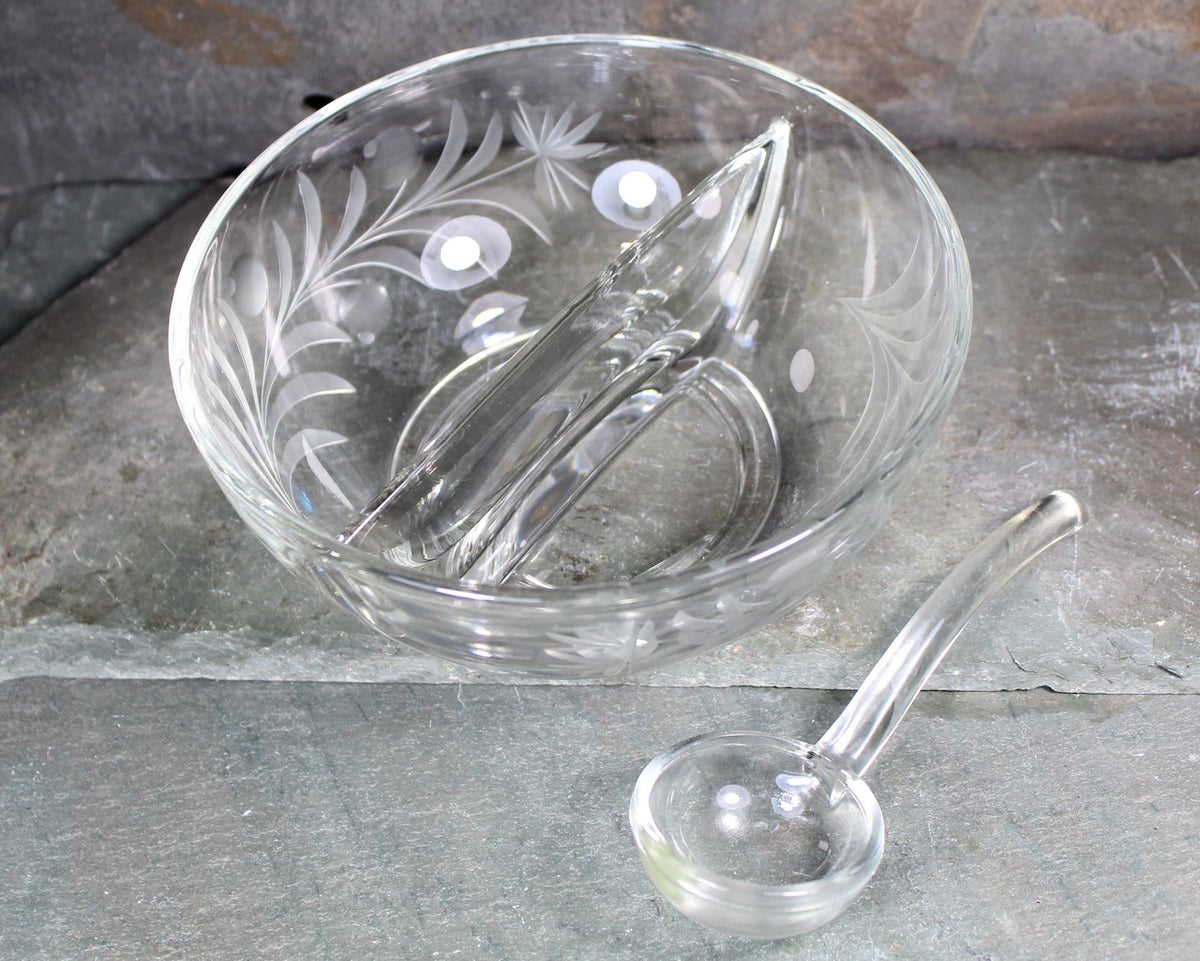 Etched Glass Condiment Bowl with Glass Spoon | Divided Serving Dish ...